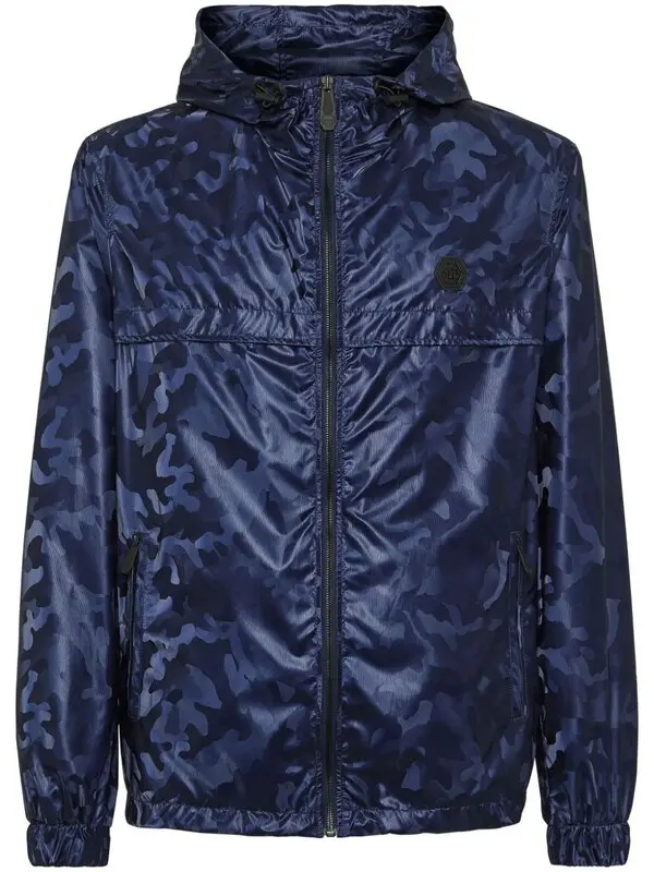 Philipp Plein Camouflage Print Hooded Windbreaker - Blue
