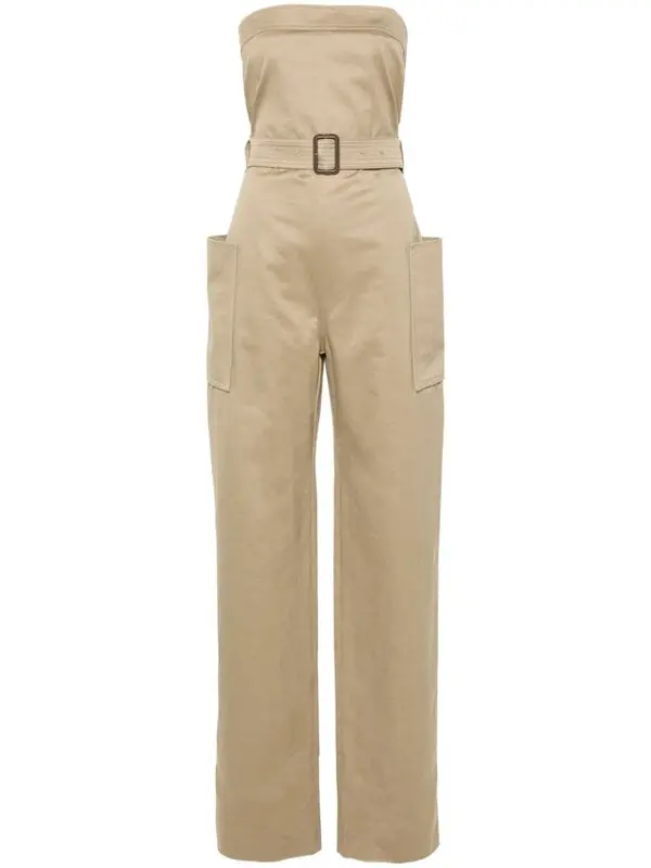 Saint Laurent Strapless Belted Cotton Jumpsuit - Neutrals