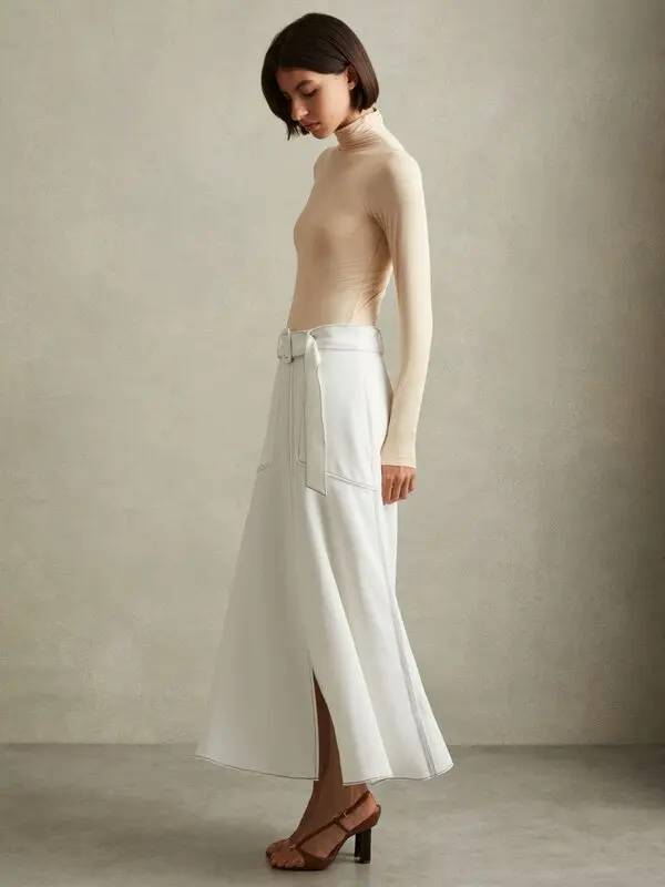 REISS Micha Contrast Stitch Belted Midi Skirt