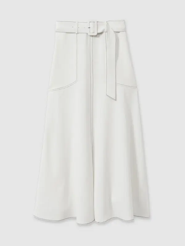 REISS Micha Contrast Stitch Belted Midi Skirt