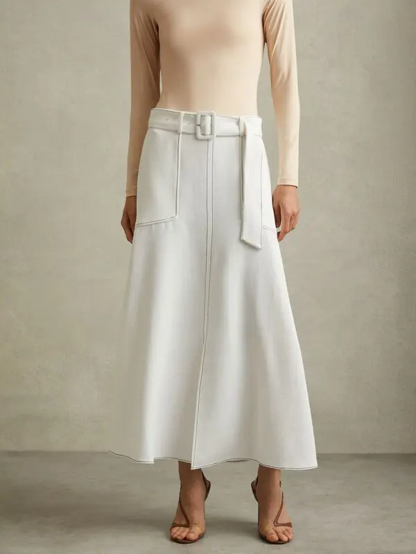 REISS Micha Contrast Stitch Belted Midi Skirt