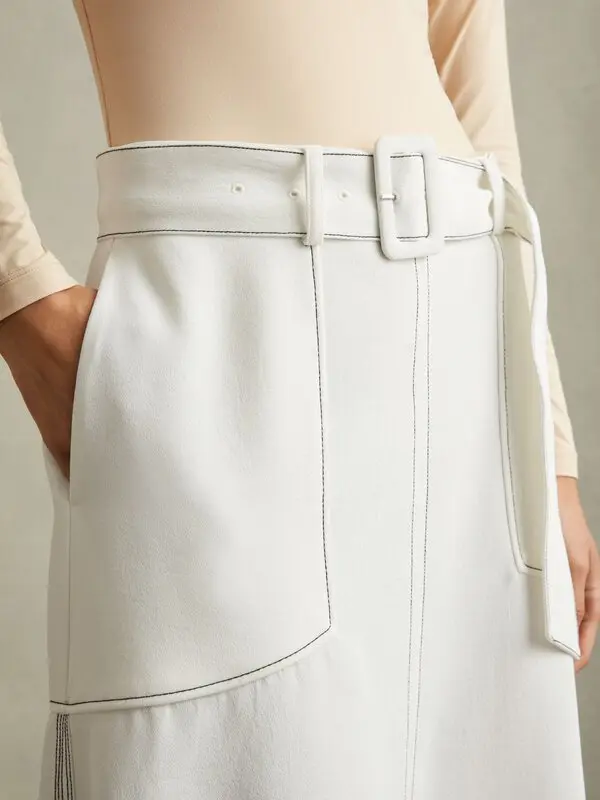 REISS Micha Contrast Stitch Belted Midi Skirt