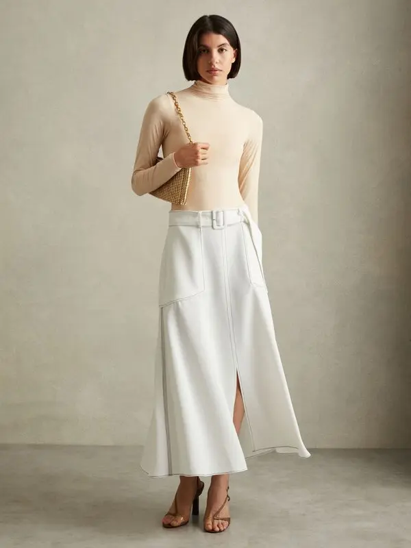 REISS Micha Contrast Stitch Belted Midi Skirt