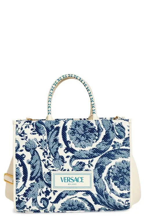 Versace Large Barocco Floral Raffia Tote - Eggshell/ Bright Blue
