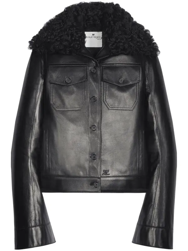 COURREGES Shearling-collar Leather Jacket - Black