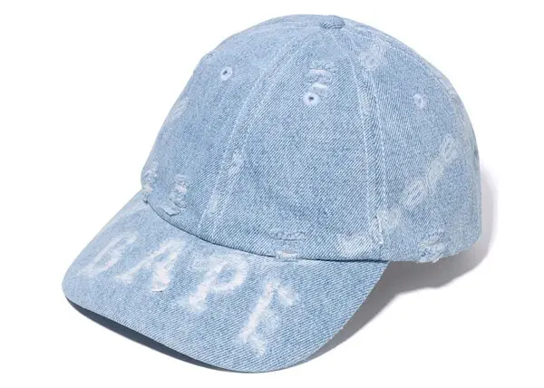 BAPE Denim Distressed Logo Cap - Light Indigo