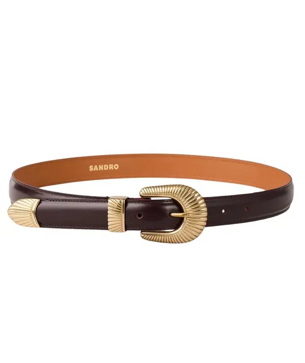 Sandro Leather Belt With Gold-tone Buckle - Bordeaux