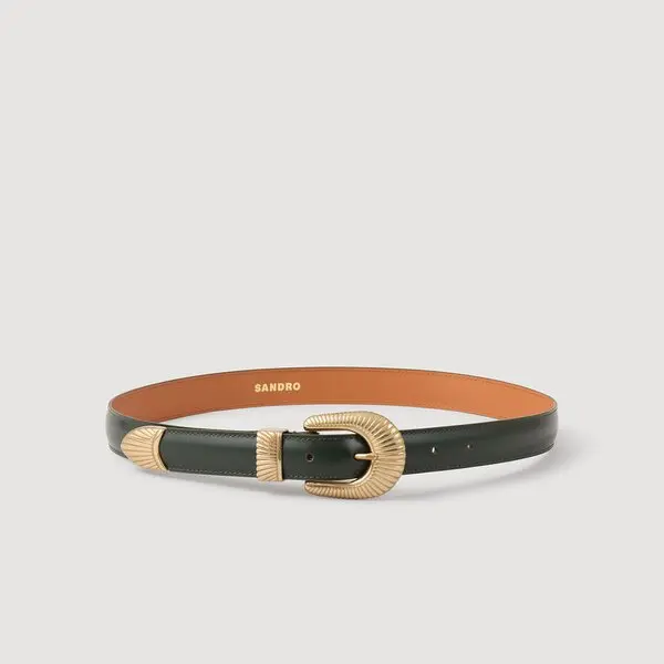 Sandro Leather Belt With Gold-tone Buckle - Bottle Green