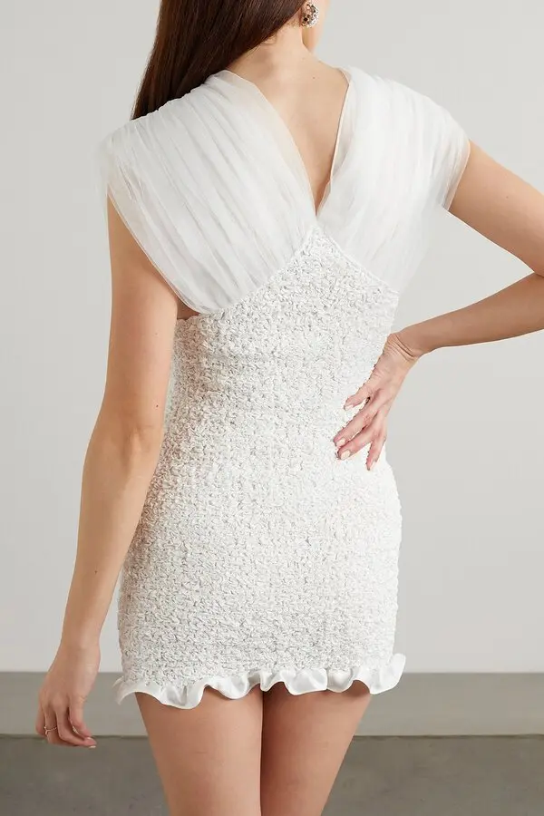 Alessandra Rich Appliquéd Shirred Silk-satin And Tulle Mini Dress