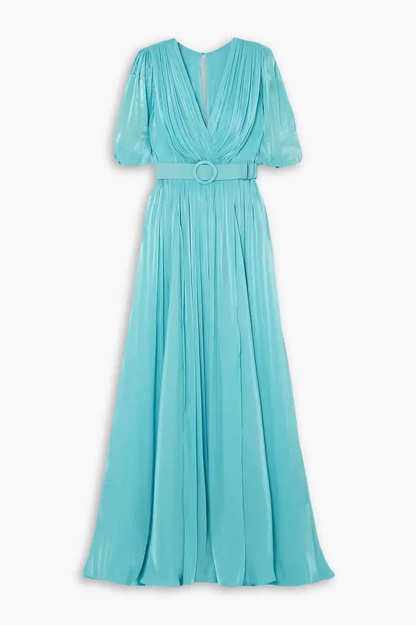 Costarellos Brennie Belted Metallic Plissé-lamé Gown