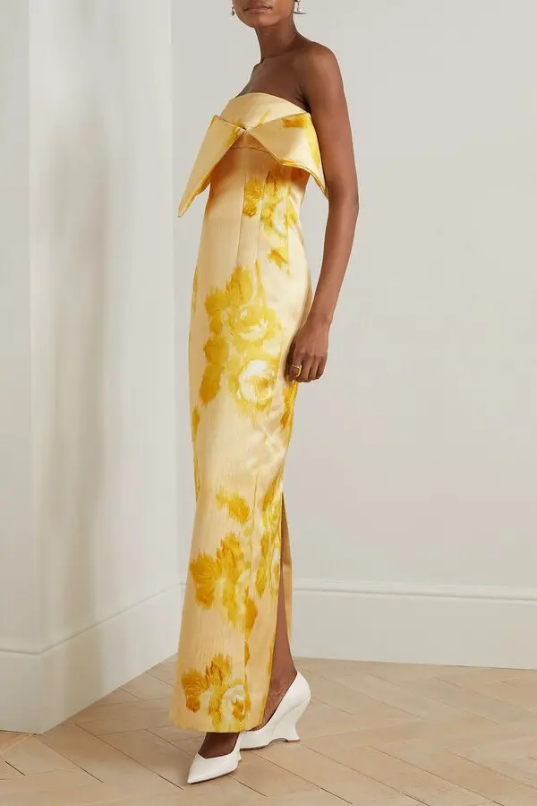 Emilia Wickstead Avani' Strapless Draped Floral-Print Sateen Gown In Saffron  - 60% Off | Editorialist