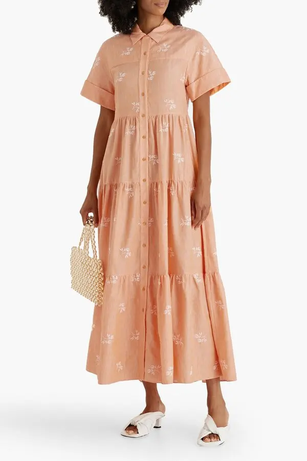 Erdem Helena Embroidered Maxi Shirt Dress In Peach 70% Off