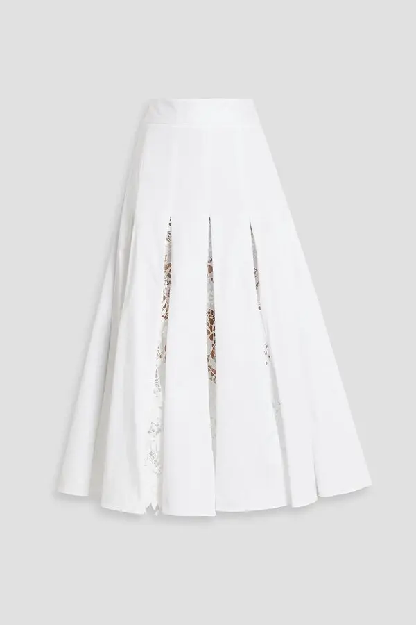 Oscar De La Renta Pleated Guipure Lace And Cotton-blend Poplin Midi Skirt - White