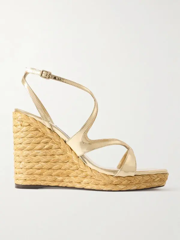 JIMMY CHOO Ayla 110 Metallic Leather Espadrille Wedge Sandals - Gold