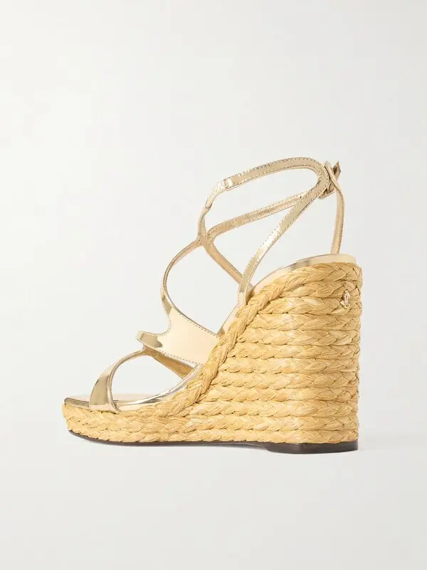 JIMMY CHOO Ayla 110 Metallic Leather Espadrille Wedge Sandals - Gold