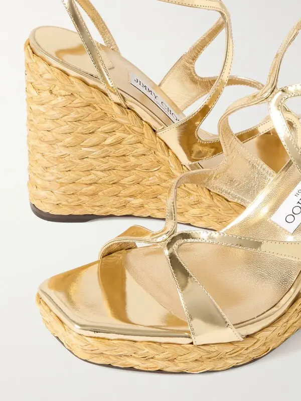 JIMMY CHOO Ayla 110 Metallic Leather Espadrille Wedge Sandals - Gold