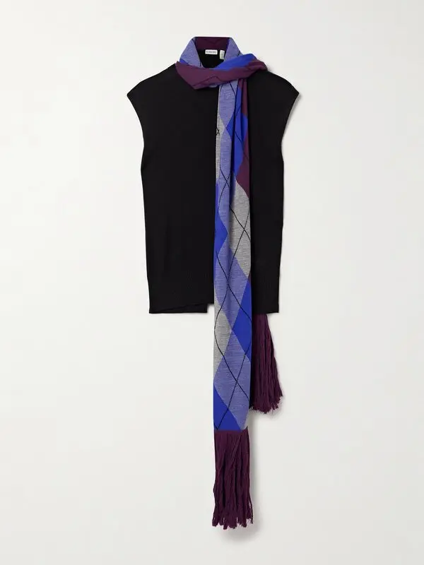 Burberry Fringed Argyle Scarf Wool Top