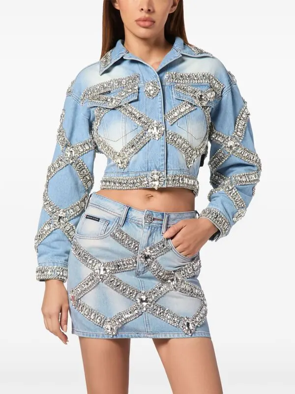 Philipp Plein Cropped Denim Brooch Jacket