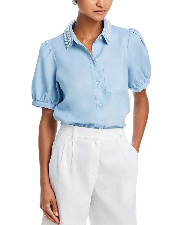 Aqua Faux Pearl Embellished Collar Top