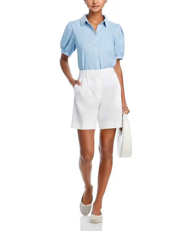 Aqua Faux Pearl Embellished Collar Top