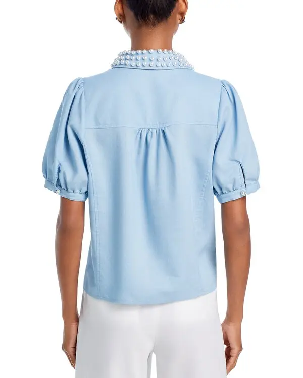 Aqua Faux Pearl Embellished Collar Top