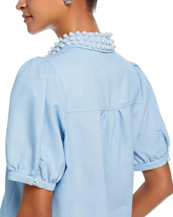 Aqua Faux Pearl Embellished Collar Top
