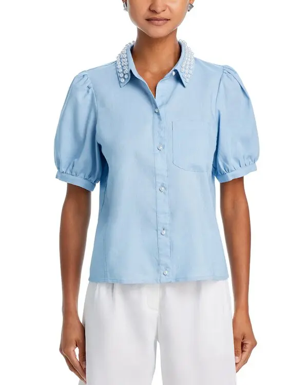 Aqua Faux Pearl Embellished Collar Top