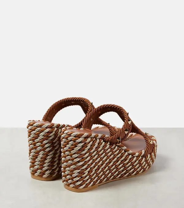 Valentino Garavani Rockstud Leather Wedge Espadrilles - Brown
