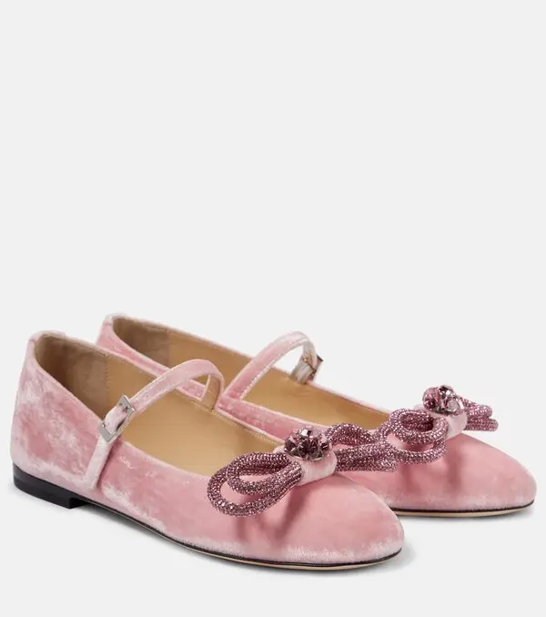 Mach & Mach Double Bow Velvet Ballet Flats - Pink
