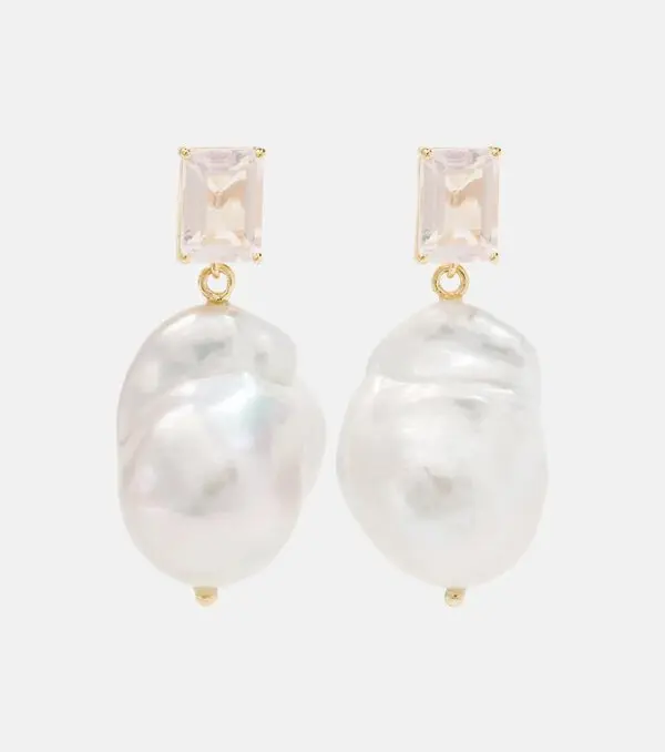 Mateo 14kt Drop Earrings With Rose Quartz And Baroque Pearls - Gold