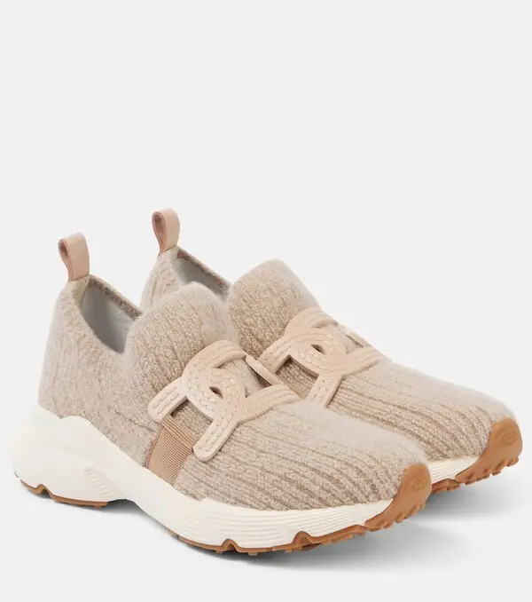 TOD'S Leather-trimmed Knit Sneakers - Beige