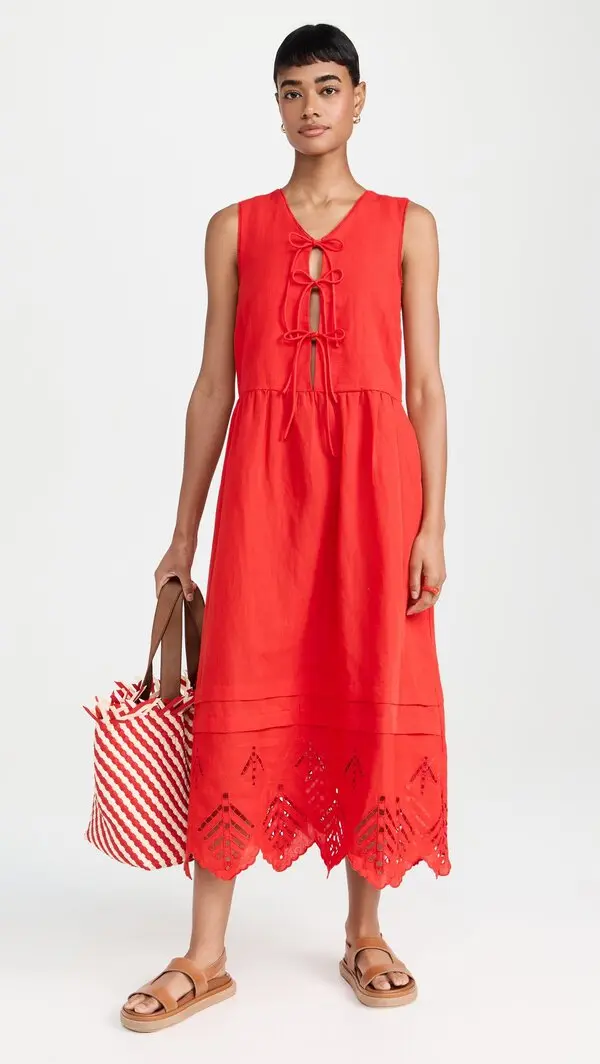 chinese dress ladies Rhode Women's Karima Linen Puff Sleeve Midi Dress Lago Vine (US, Numeric,  2, Regular, Regular, Multi) at Amazon Women's Clothing store