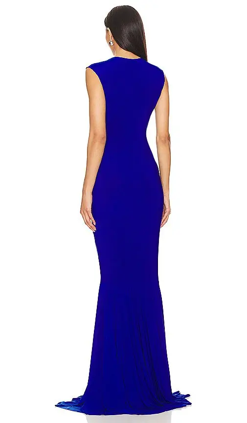Norma Kamali Sleeveless Deep V Neck Shirred Front Fishtail Gown - Royal