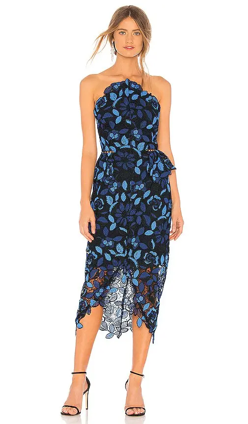 ELLIATT Strapless Floral Lace Midi Dress
