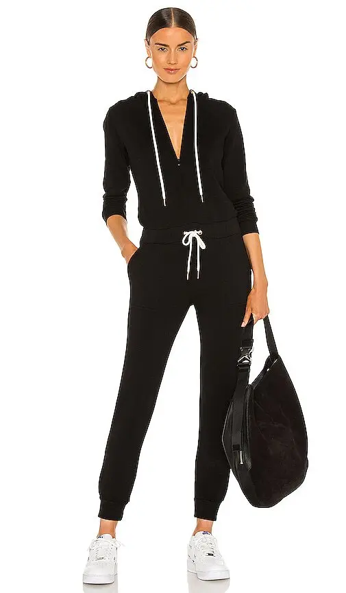 Monrow Supersoft Fleece Hooded Jumpsuit With Zipper And Drawstring Waist - Black