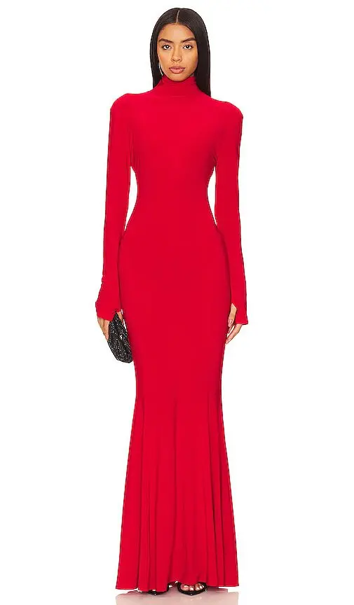 Norma Kamali Long Sleeve Turtle Fishtail Gown - Red