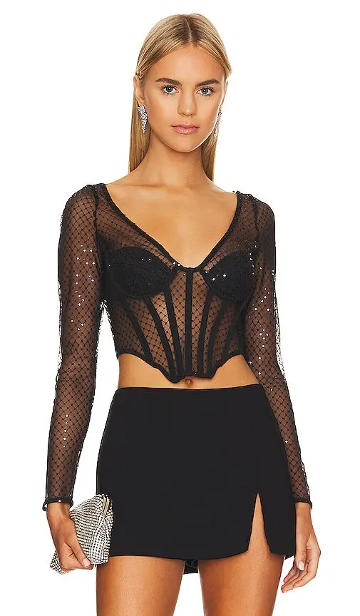 Bardot Sequin Mesh Corset Top - Black