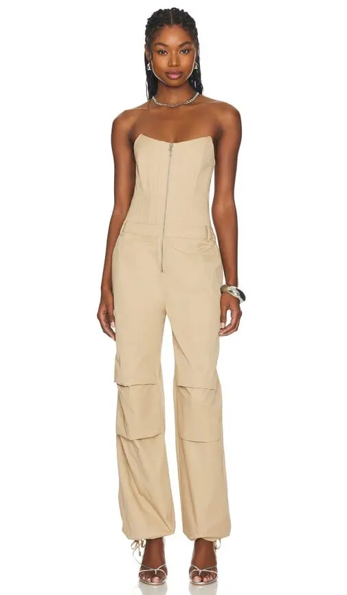 Retrofete Cotton Jumpsuit With Boned Bodice And Drawstring Hem - Tan