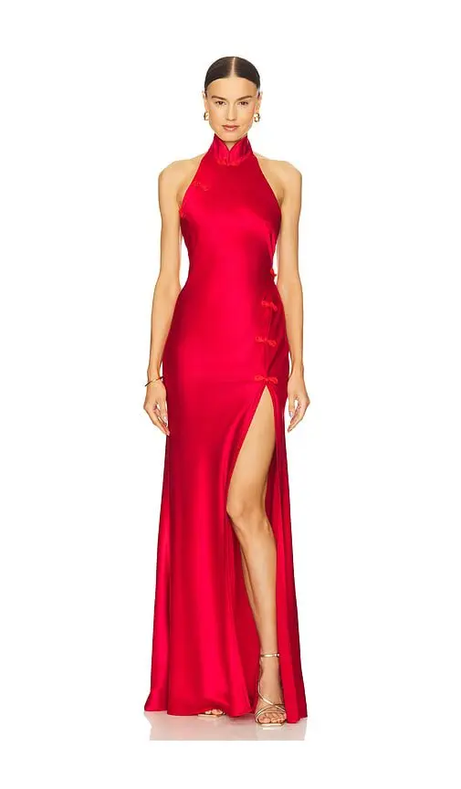 SAU LEE Satin Gown With Frog Closure Detail - Red