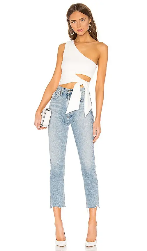 LOVERS AND FRIENDS One Shoulder Tie Detailed Ribbed Knit Top
