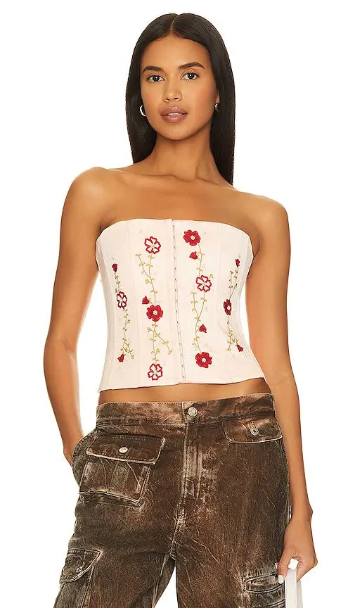 GUIZIO Meadows Corset With Floral Embroidery And Boned Bodice - Pink