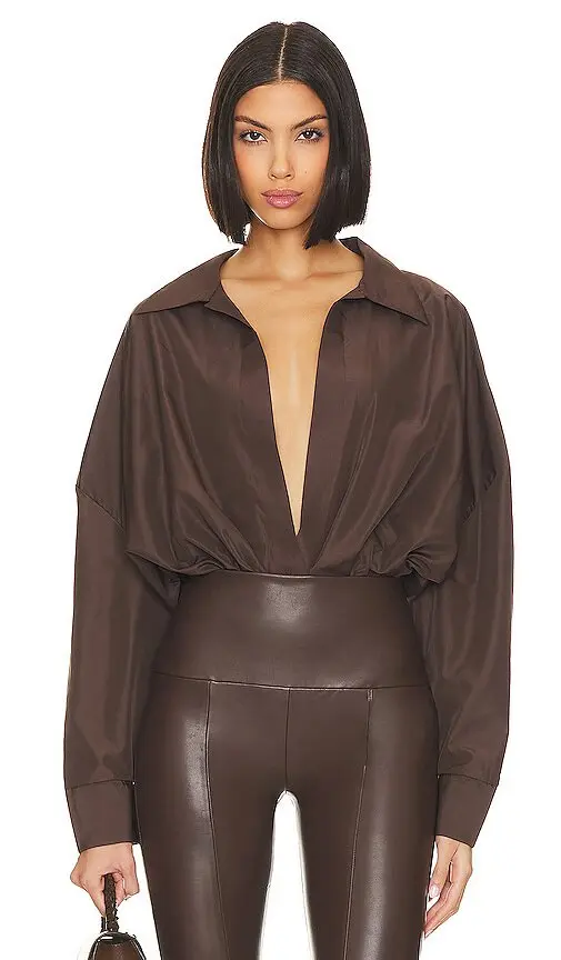 Norma Kamali Oversized Boyfriend Shirt Bodysuit - Chocolate