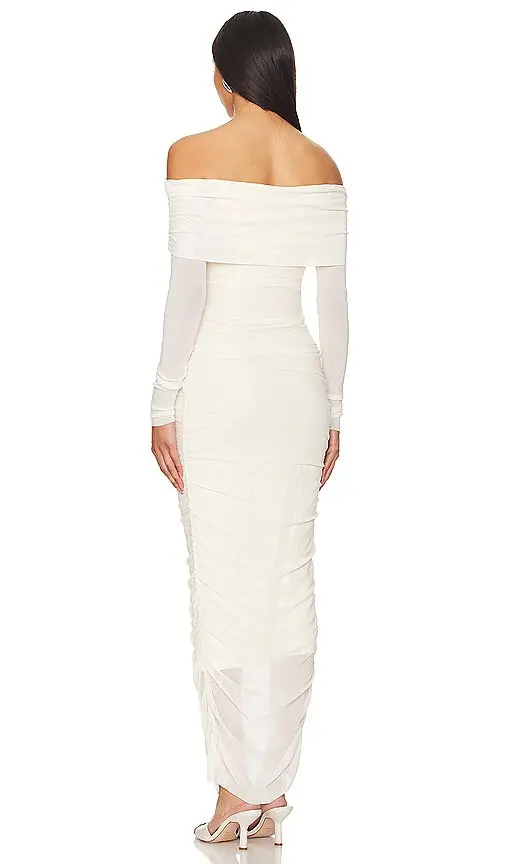 BUMPSUIT Off Shoulder Mesh Ruched Maxi Dress