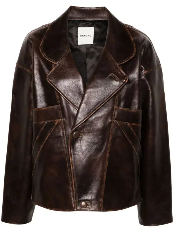 Sandro Oversized Leather Jacket - Brown