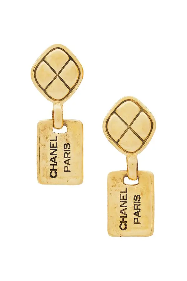 Chanel Logo Plate Clip-on Dangle Earrings - Gold
