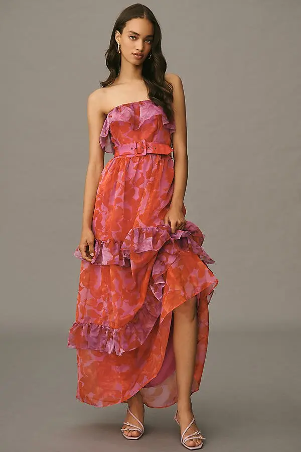 strapless open back dress Gigi Orange Satin Maxi Dress