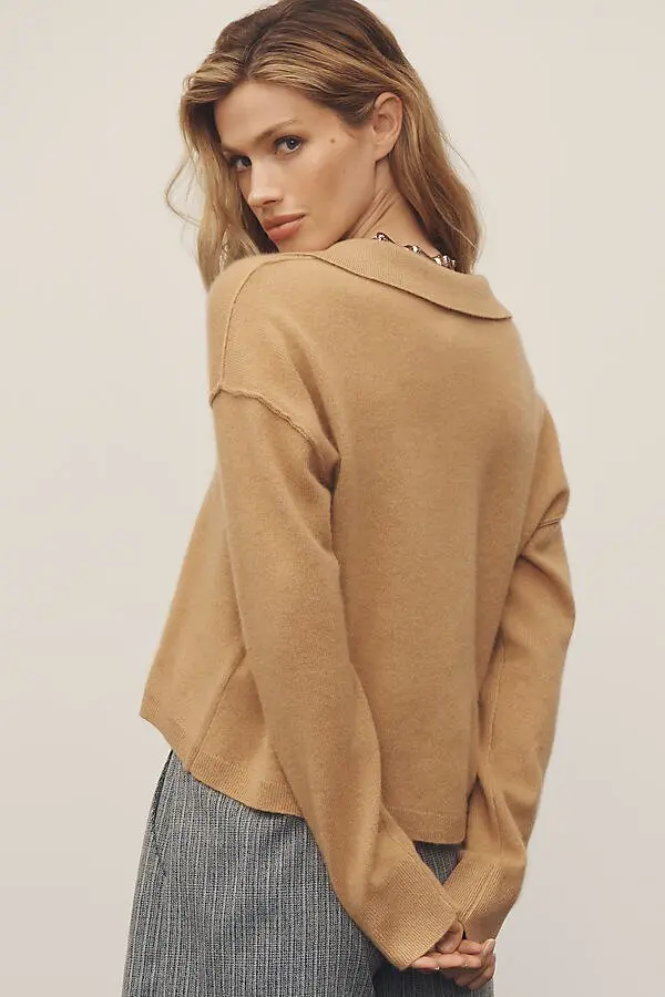 PILCRO Cashmere Crop Polo Sweater - Beige
