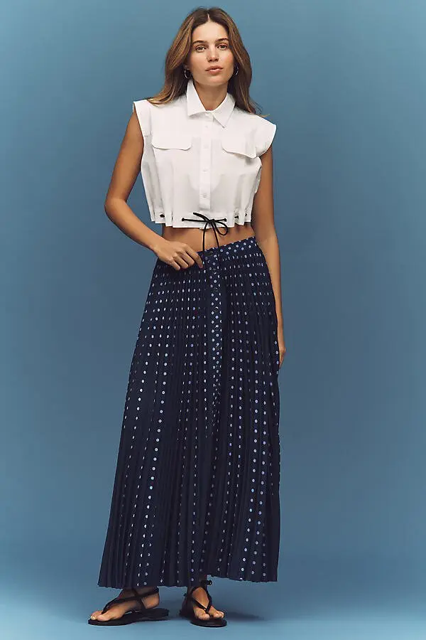 Maeve Pleated Button-front Maxi Skirt - Blue Dot