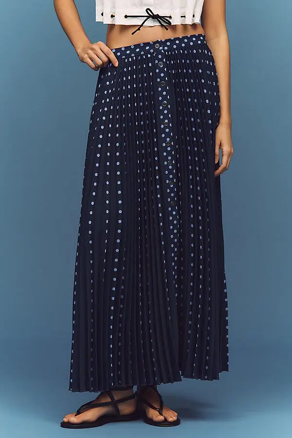 Maeve Pleated Button-front Maxi Skirt With Polka Dot Print - Blue Dot