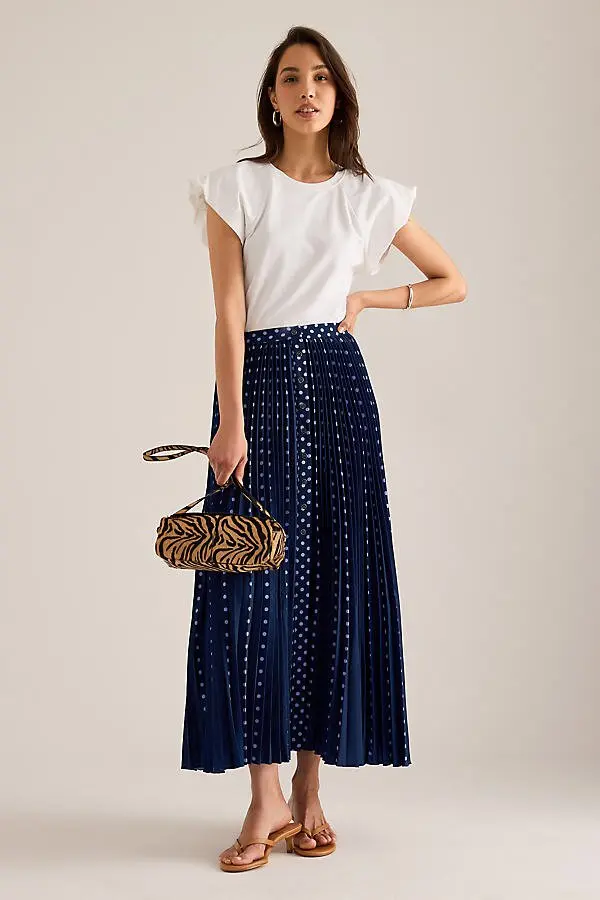 Maeve Pleated Button-front Maxi Skirt With Polka Dot Print - Blue Dot